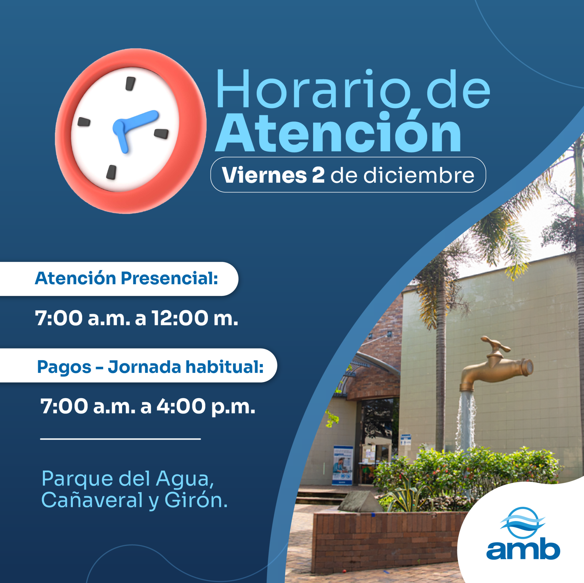 Horario de atención 2 de diciembre - amb - Acueducto Metropolitano de Bucaramanga